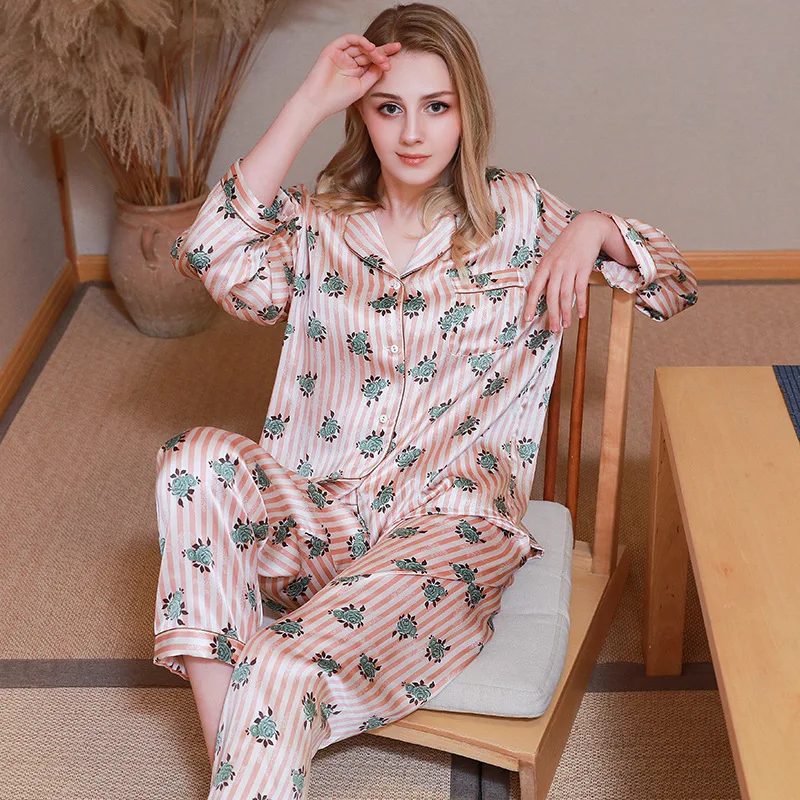 100 conjunto de pijamas de seda de amoreira 2pcs ternos para casa de ...