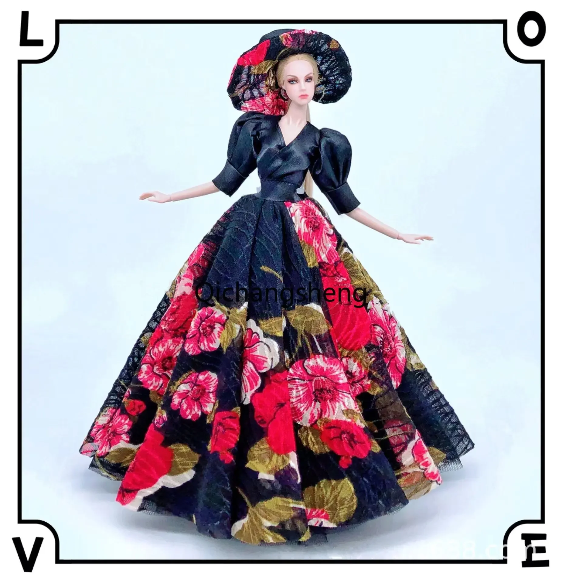 1-6-Doll-Clothes-Black-Floral-Puff-Sleeve-Wedding-Dress-For-Barbie ...