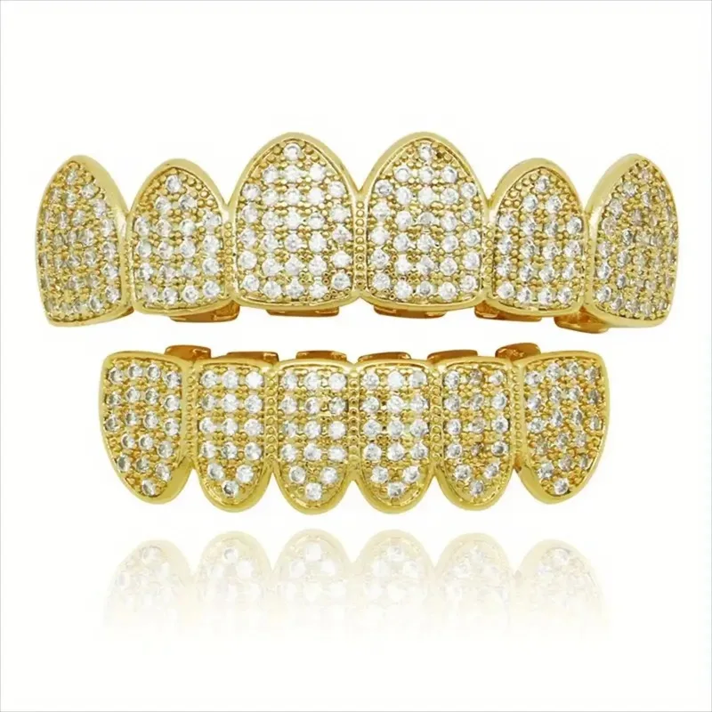 Juego-de-dientes-de-hip-hop-CZ-Unisex-tapa-de-dientes-de-Color-dorado-y ...