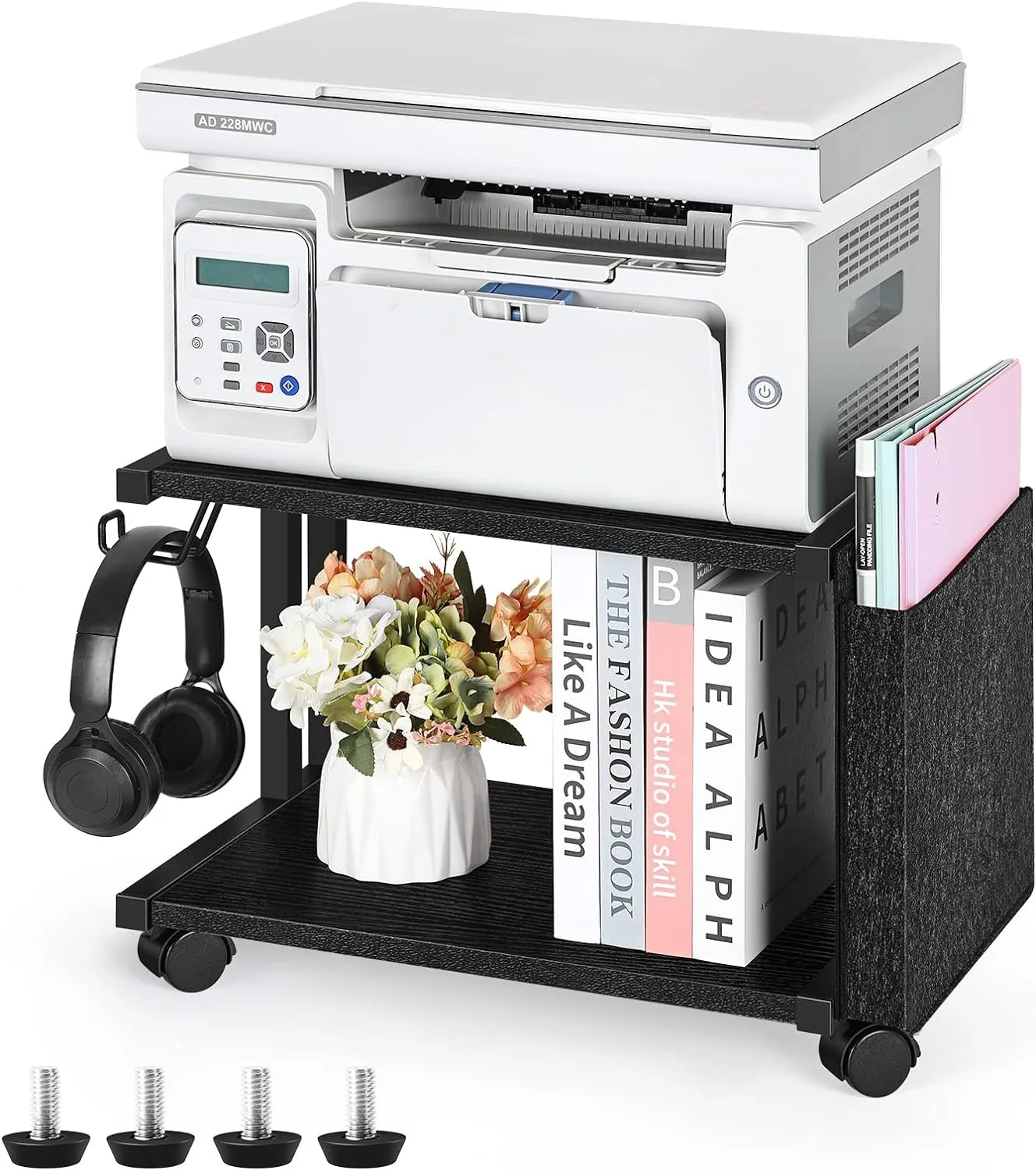 Printer Stand Under Desk Printer Table with Wheels 2 Tier Small Printer ...