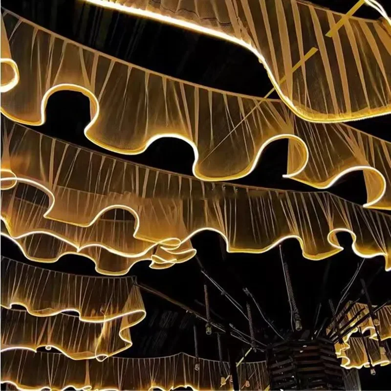 Fashion Styles White Ceiling Decoration Wave Gauze Curtain With Lights ...