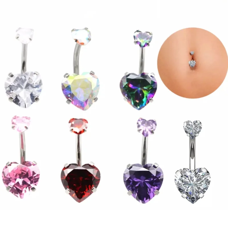 50pcs-Body-Jewelry-Surgical-Steel-CZ-Heart-Navel-Rings-Belly-Rings ...