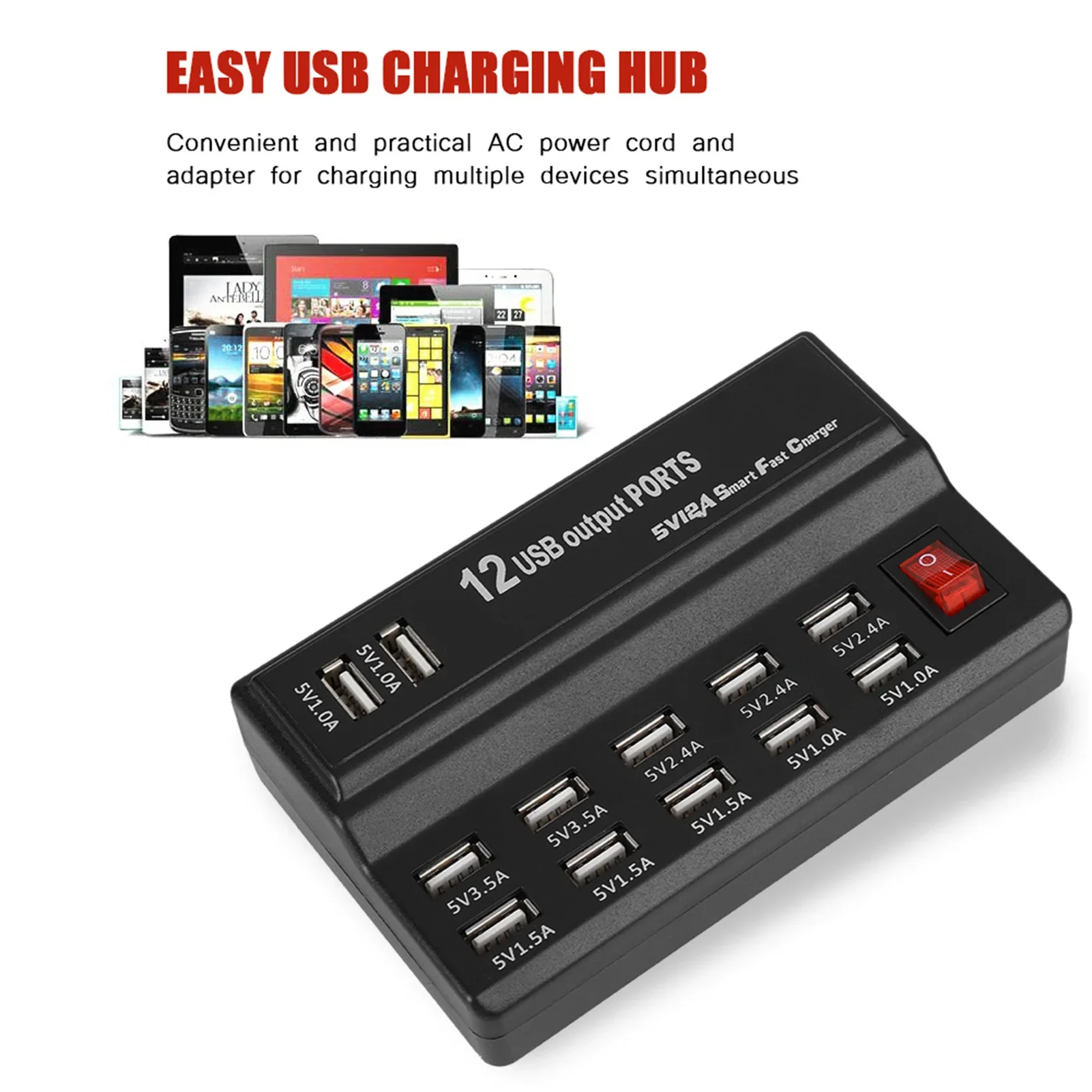12 Ports USB Charging Station 12 Port 12 Ports USB Hub 5V 12A Power ...