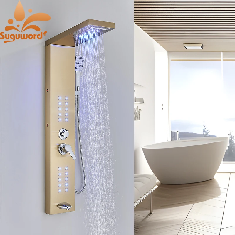 Led 샤워 패널 수도꼭지 강우 헤드 샤워 스파 마사지 제트 디지털 디스플레이 벽걸이 욕실 샤워 칼럼 시스템