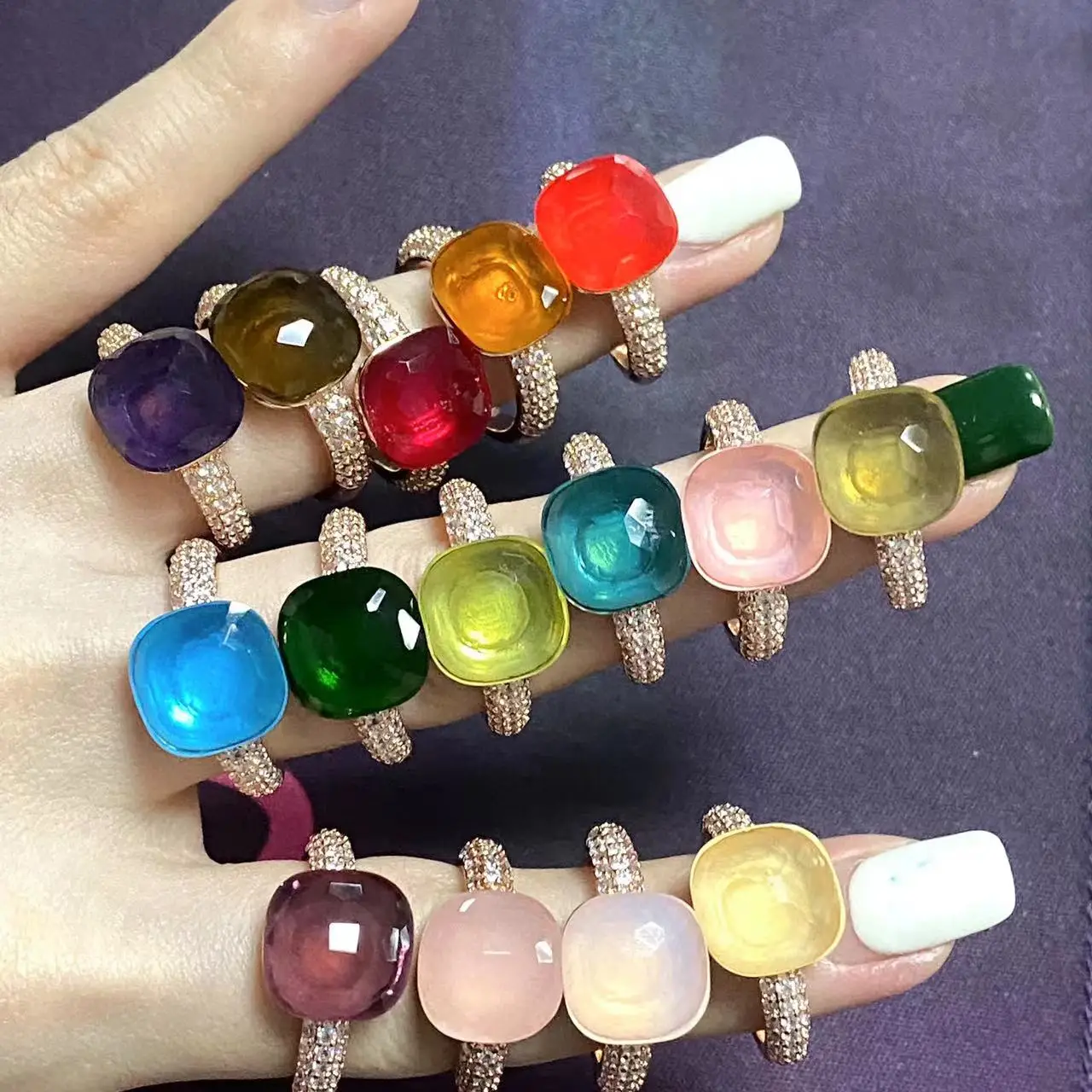 12-6mm-Candy-Color-Ring-Inlay-Zircon-Flat-Pink-Blue-Green-Crystal-Ring ...