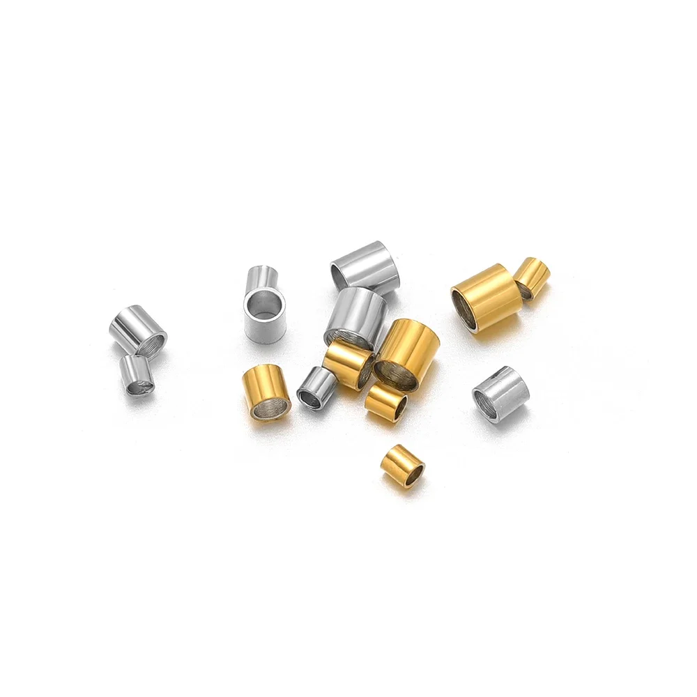 100pcs Stainless Steel Gold Leather Cord Beads Tube Crimp End Beads for ...