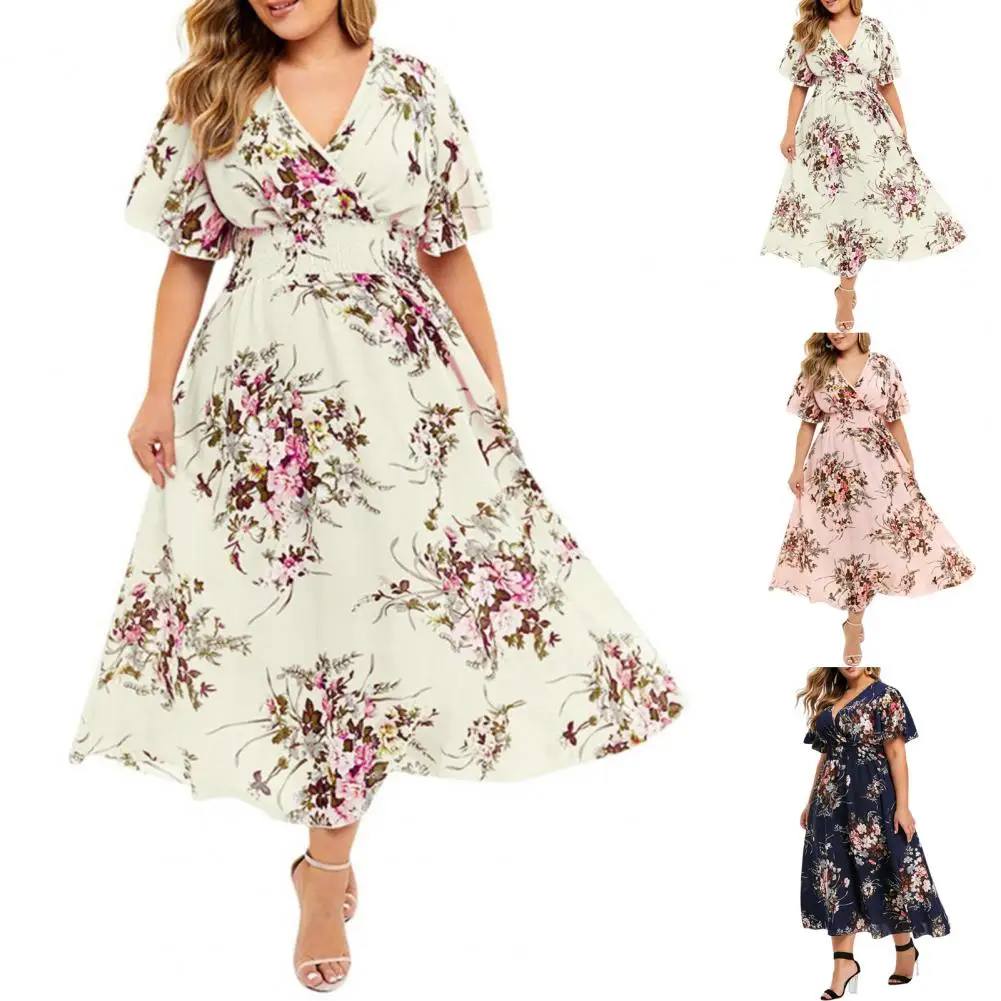 Plus-Size-Summer-Dress-Women-Floral-Chiffon-V-Neck-Short-sleeved-Dress ...
