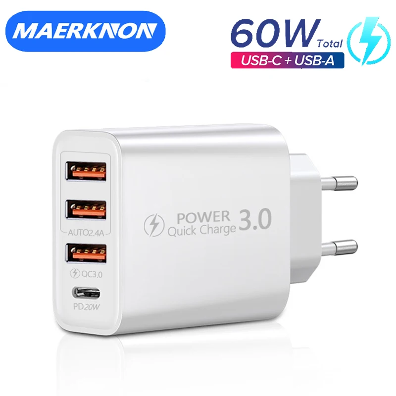 USB C Charger 60W Fast Charge Charger 4Ports PD TypeC Quick Charge3.0 ...