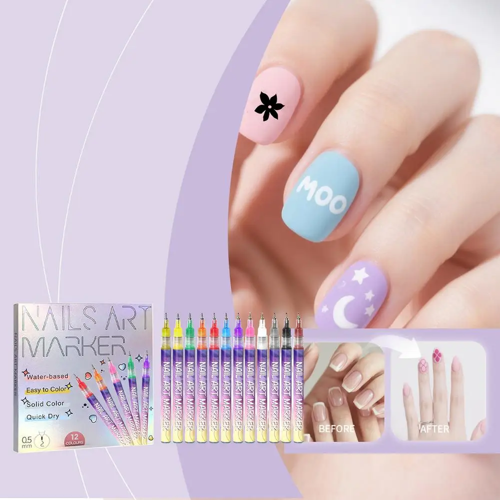 12 Color Nail Art Graffiti Pen Set Nail Marker Drawing Acrylic Paint ...