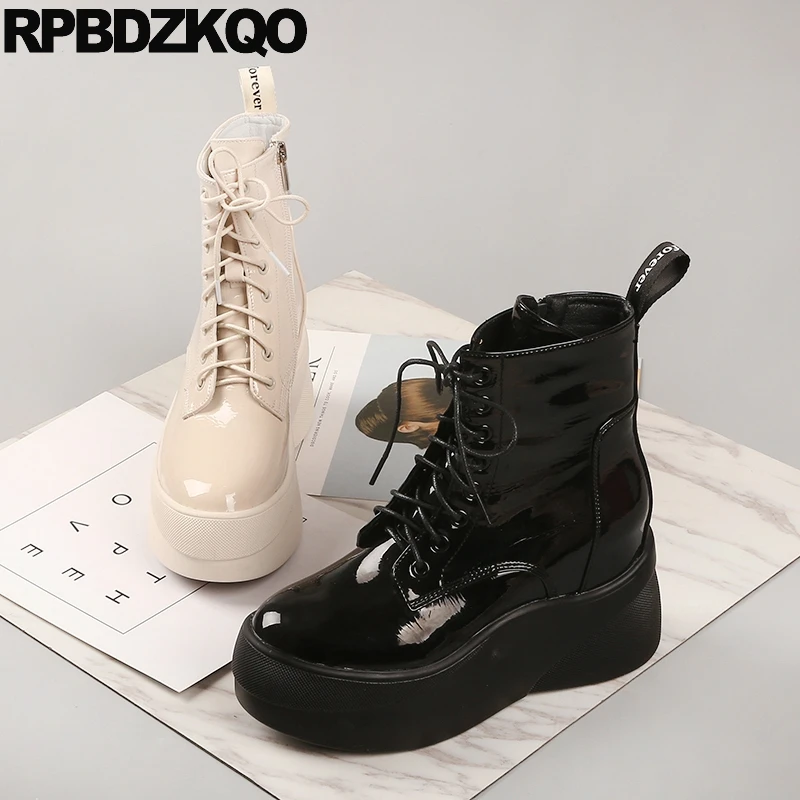 Military Army High Heels Lace Up Women Platform Elevator Fur Booties ...