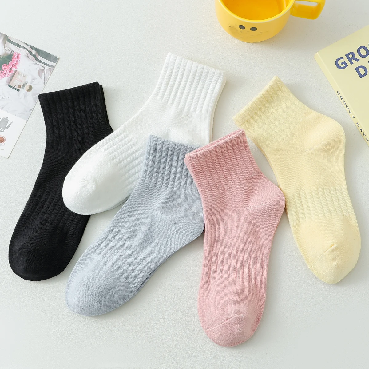 5-Pairs-Lot-Cotton-Sock-Women-New-Fresh-Solid-Color-Breathable-Casual ...