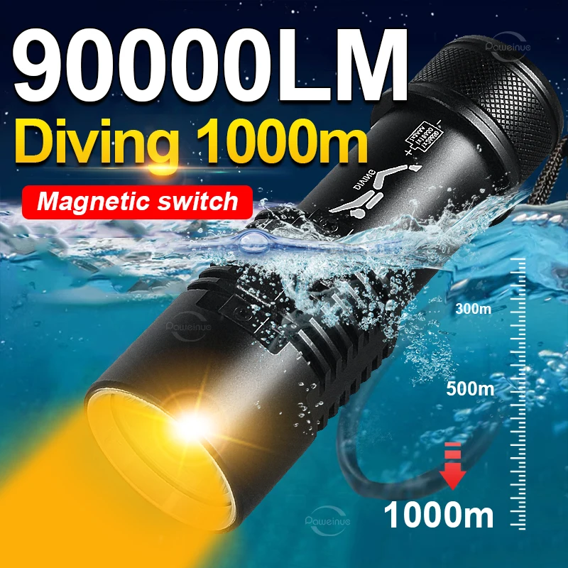 9000LM Professional Diving Flashlight 1000M High Power Rechargeable ...