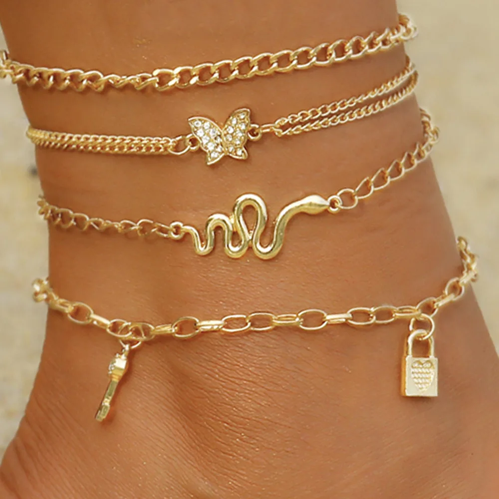 Bohemia-Gold-Color-Snake-Ankle-Bracelet-Set-For-Women-Butterfly-Key ...