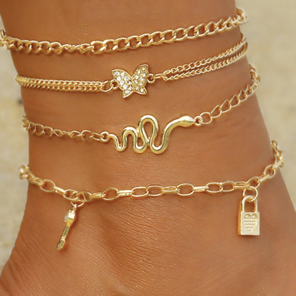 Bohemia Gold Color Snake Ankle Bracelet Set For Women Butterfly Key ...