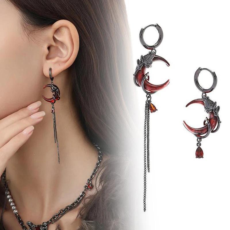 Red-Moon-Gem-Asymmetric-Earrings-Personality-Hip-pop-Gothic-Dark-Ear-Pendants-Tassel-Chain ...