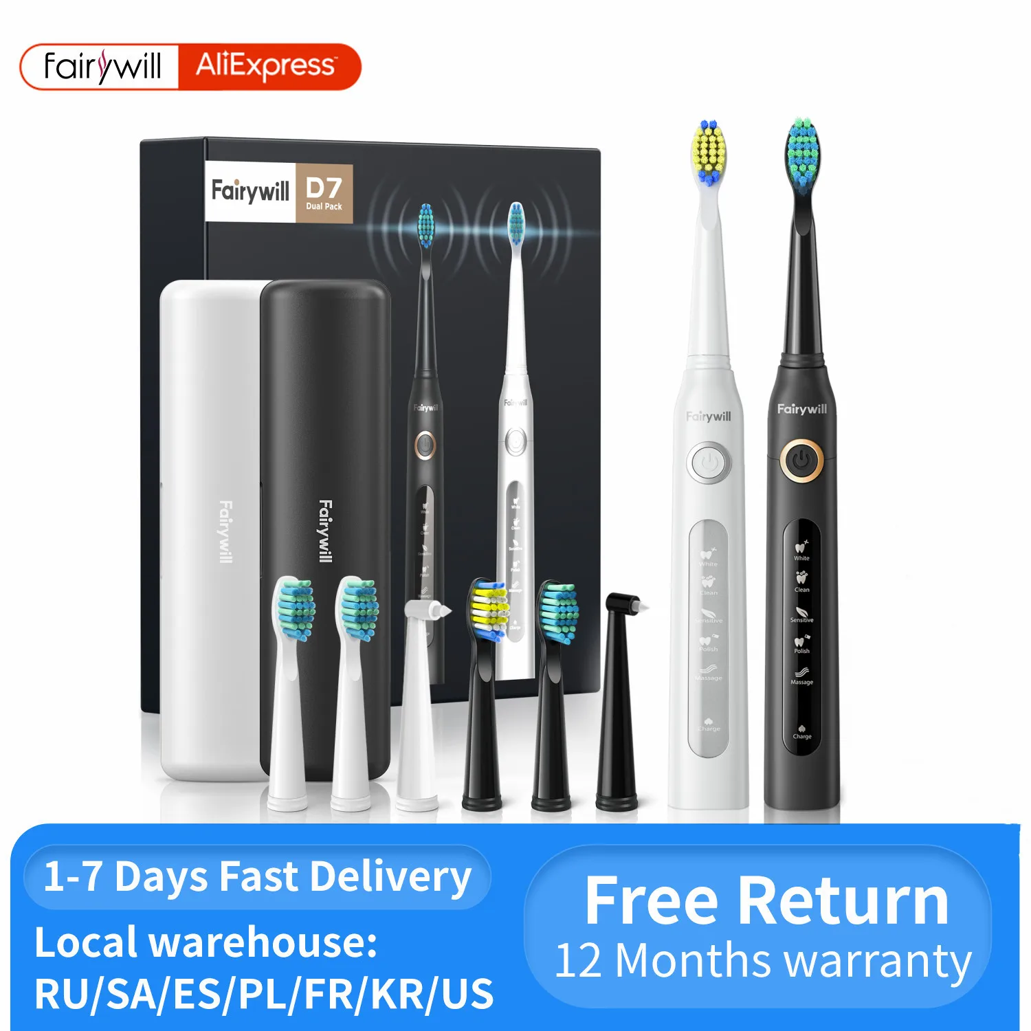 Fairywill Sonic Electric Toothbrush FW-D7 set USB Charge Toothbrushes ...