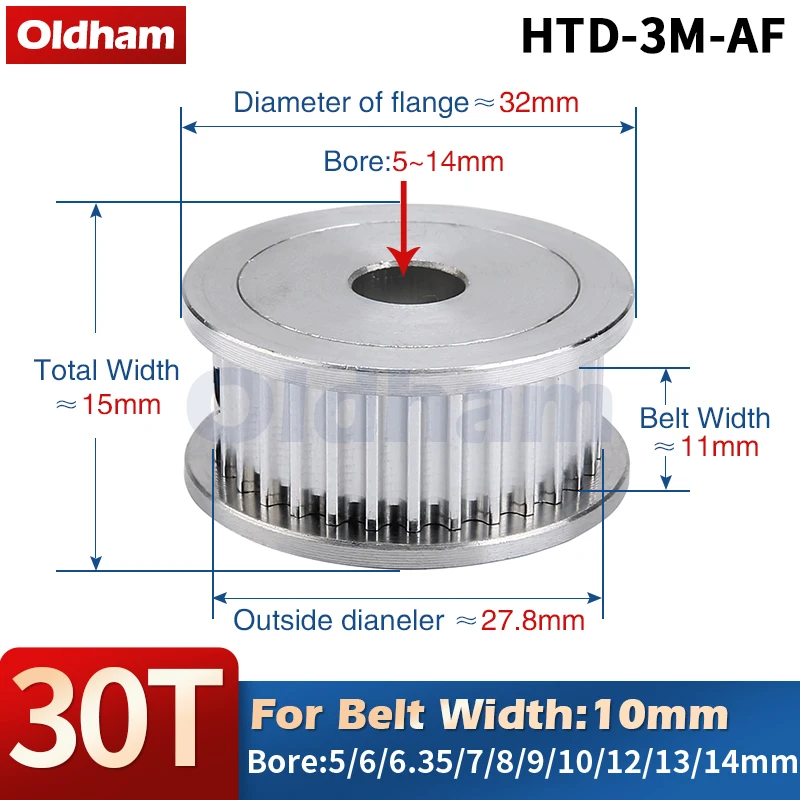 30 Teeth 3M Timing Belt Pulley Bore 5/6/6.35/7/8/9/10/12/14mm Fit Width ...
