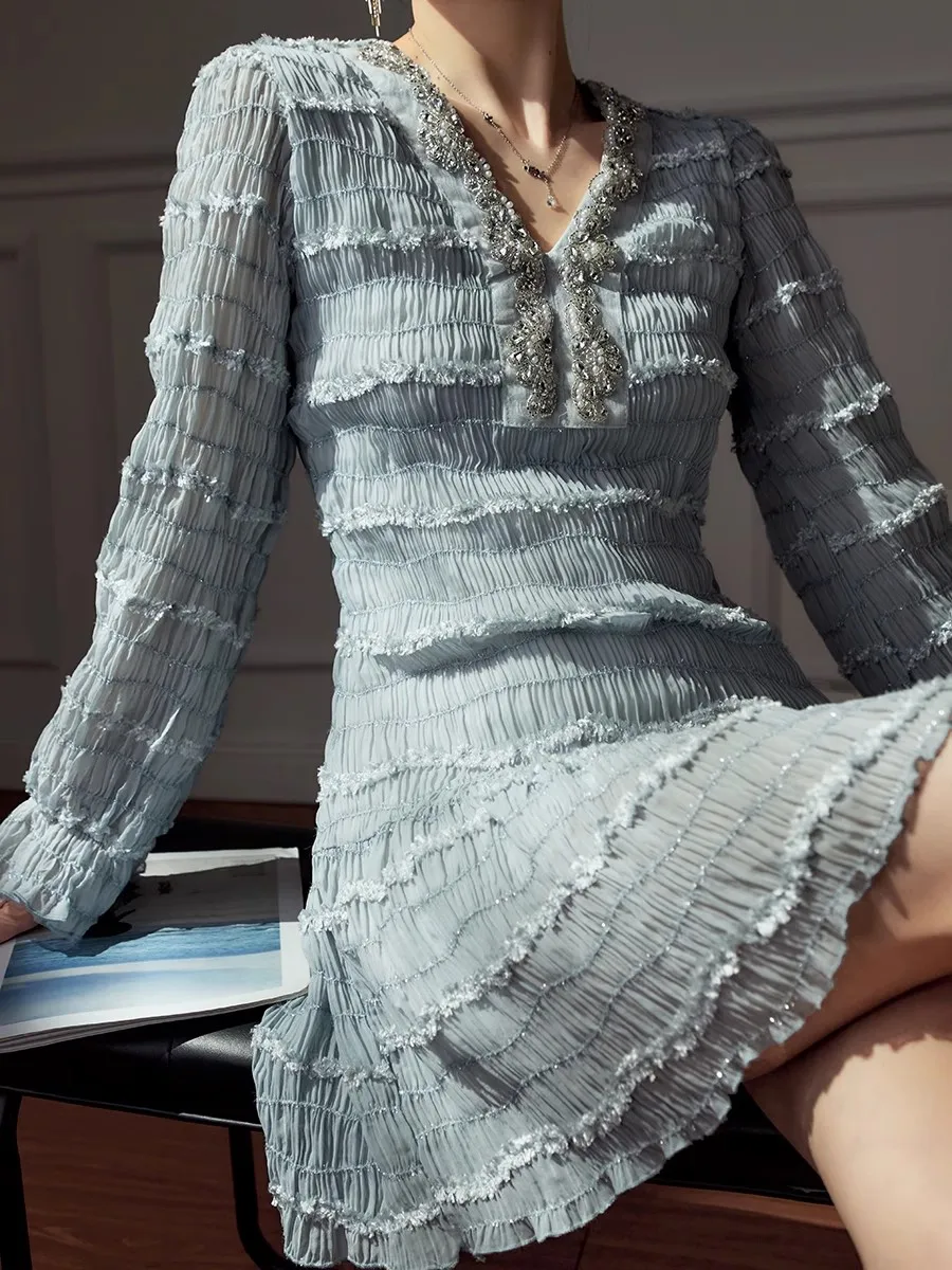 2024-Blue-Chiffion-Women-Dress-Bodycon-V-NECK-Beading-Elegant-Womens ...