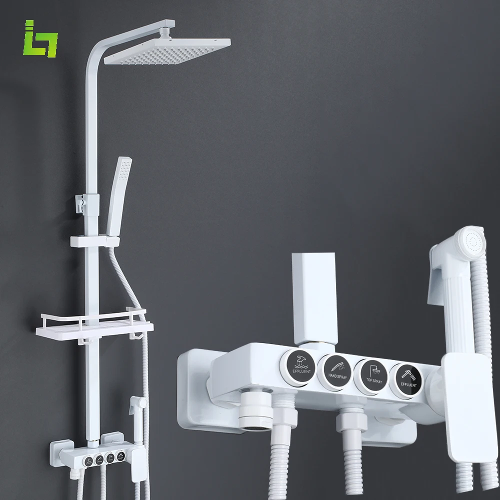 Luxury White Shower Faucet Set All Brass Rainfall Bathroom Tap Cold and ...