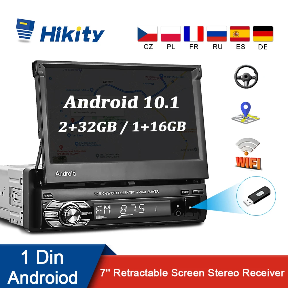 Hikity 1Din Car Radio GPS Navigation 7" HD Retractable Screen Android 10 Wifi Mirror Link MP5 ...
