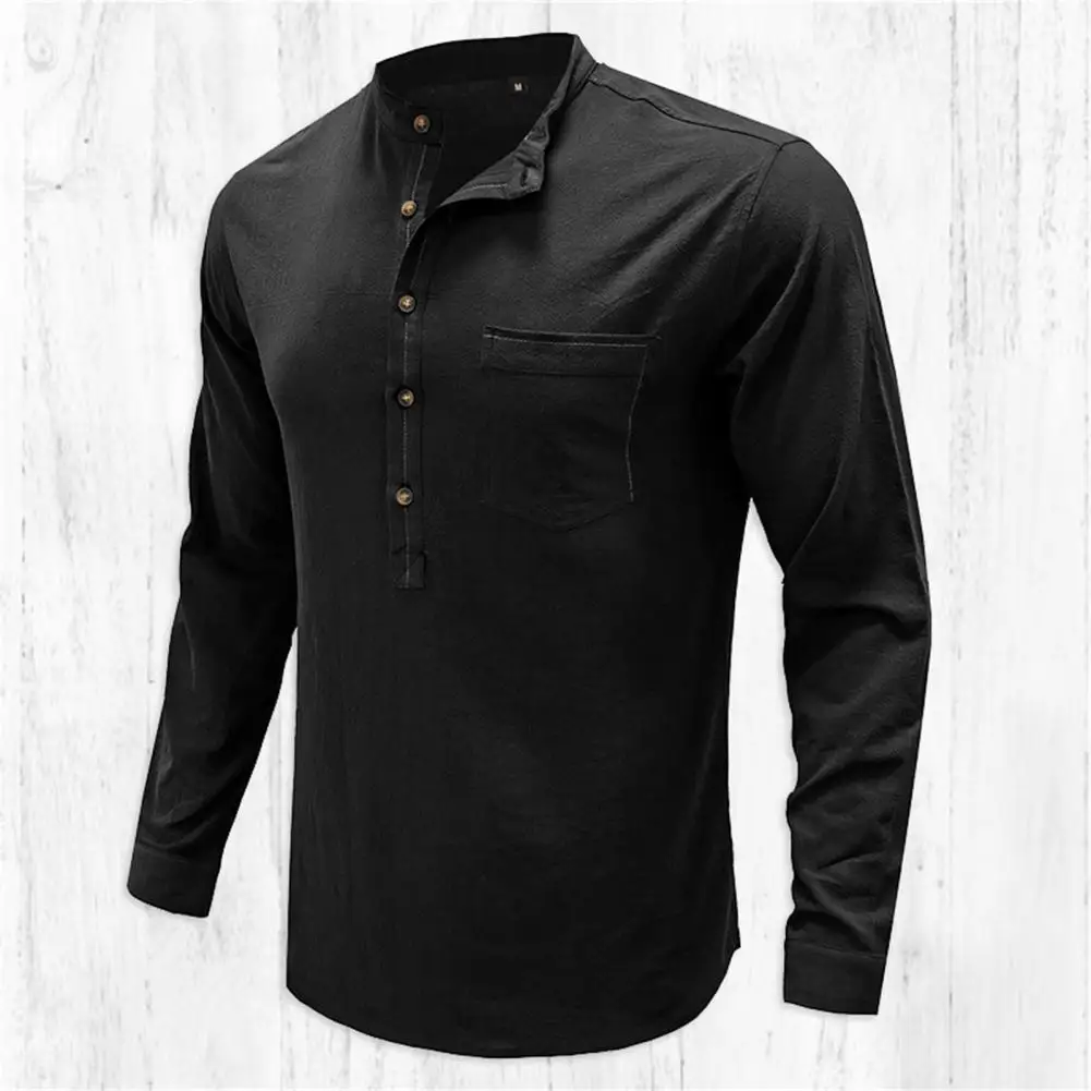 Men-Shirt-Button-Stand-Collar-Solid-Color-Long-Sleeves-Patch-Pocket ...