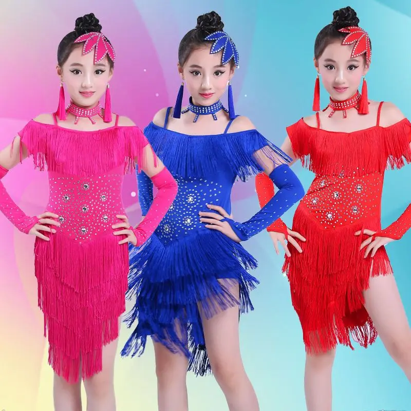 Child Girls Latin Dance Dress Irregular Unequal Sequin Fringe Tassel ...