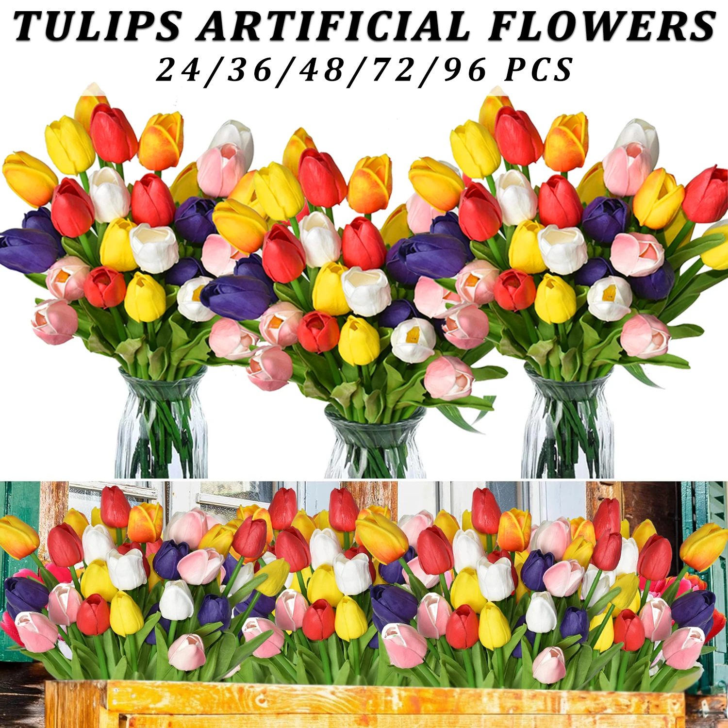 24-96pcs Multicolor Artificial Tulips Flowers Real Touch Flower ...