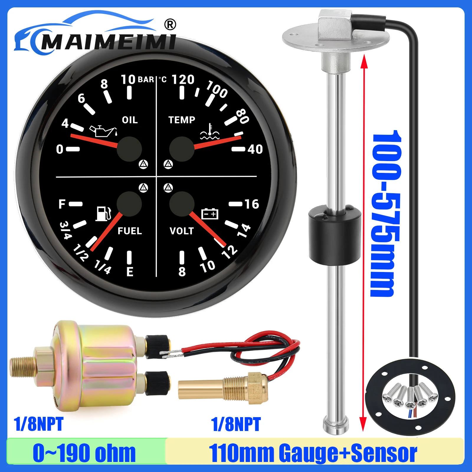 110mm Multi-Meter Car 4 IN 1 Oil Pressure Gauge+Water Temp+Fuel Gauge ...