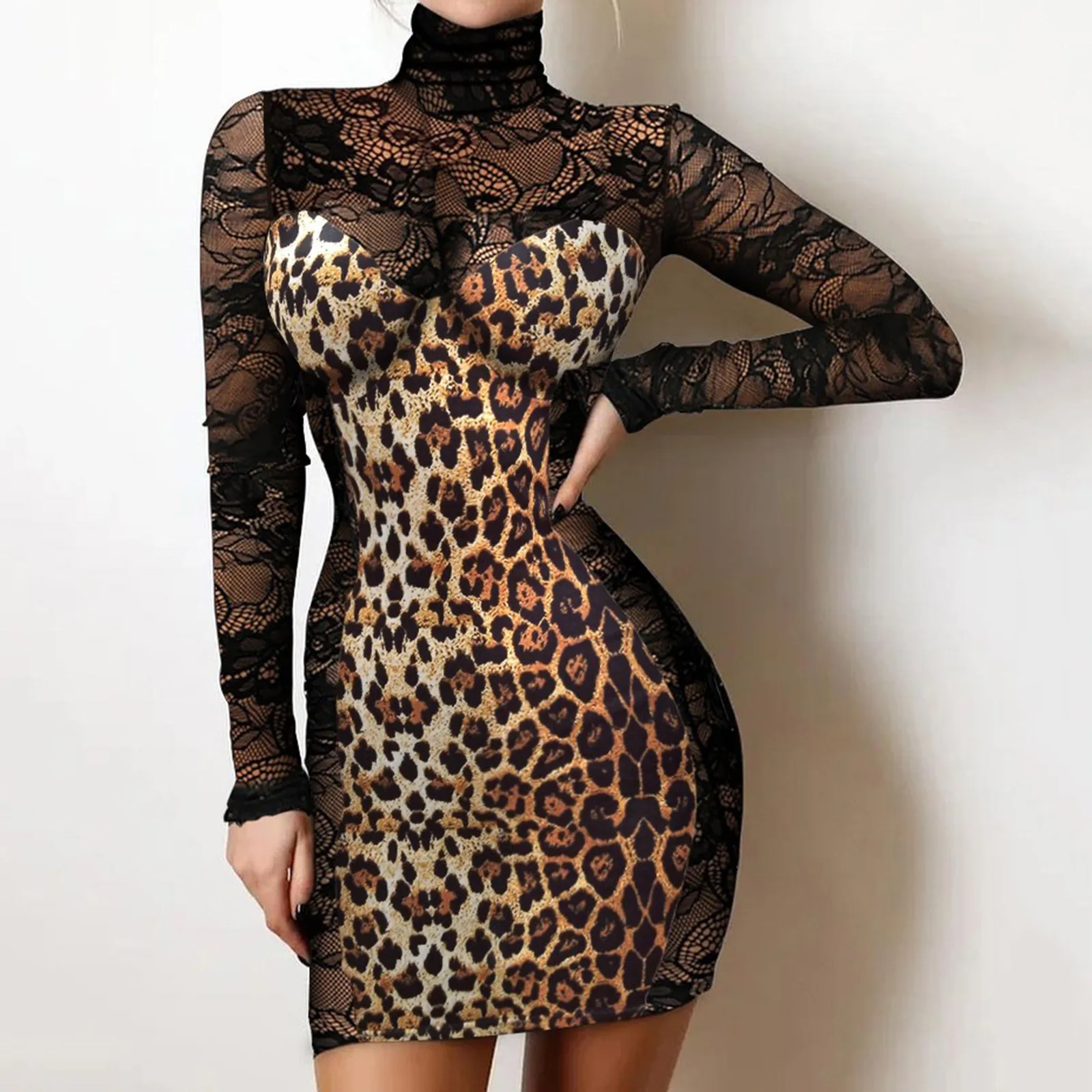 45# Leopard Print Lace Mini Dress Women Elegant Turtleneck Long Sleeve ...