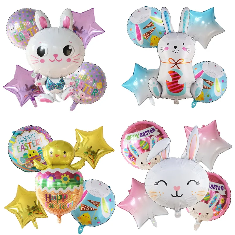 5Pcs Cartoon Rabbit Foil Helium Balloons Happy Easter Party Decoration ...