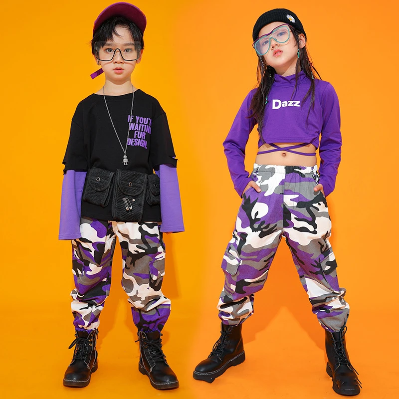 New Kids Hip Hop Dance Clothes Long Sleeves Tops Purple Camouflage ...