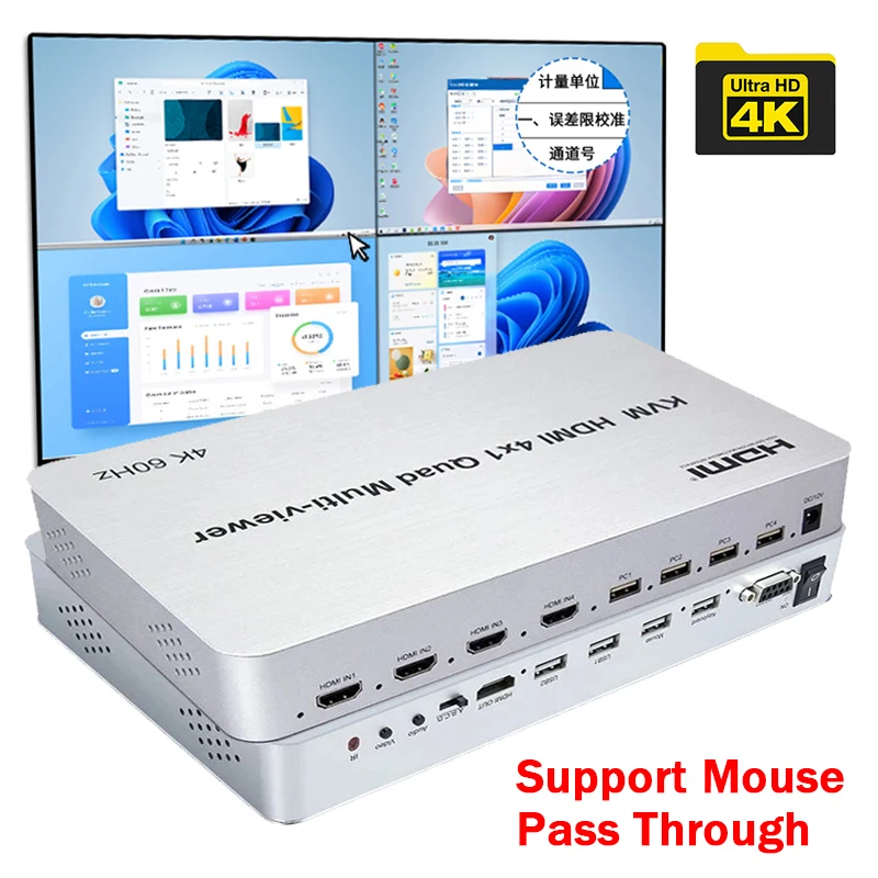 4K 60Hz KVM HDMI Multi-viewer 4x1 HDMI Quad KVM Multiviewer Seamless Real Time 4 in 1 out with ...