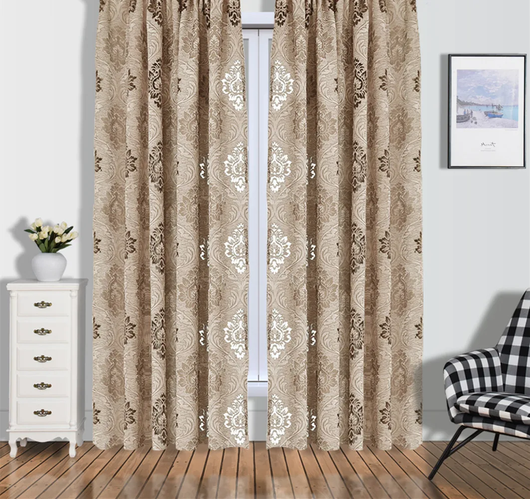 Floral Jacquard Curtain Light Brown Curtain European Style for Living ...