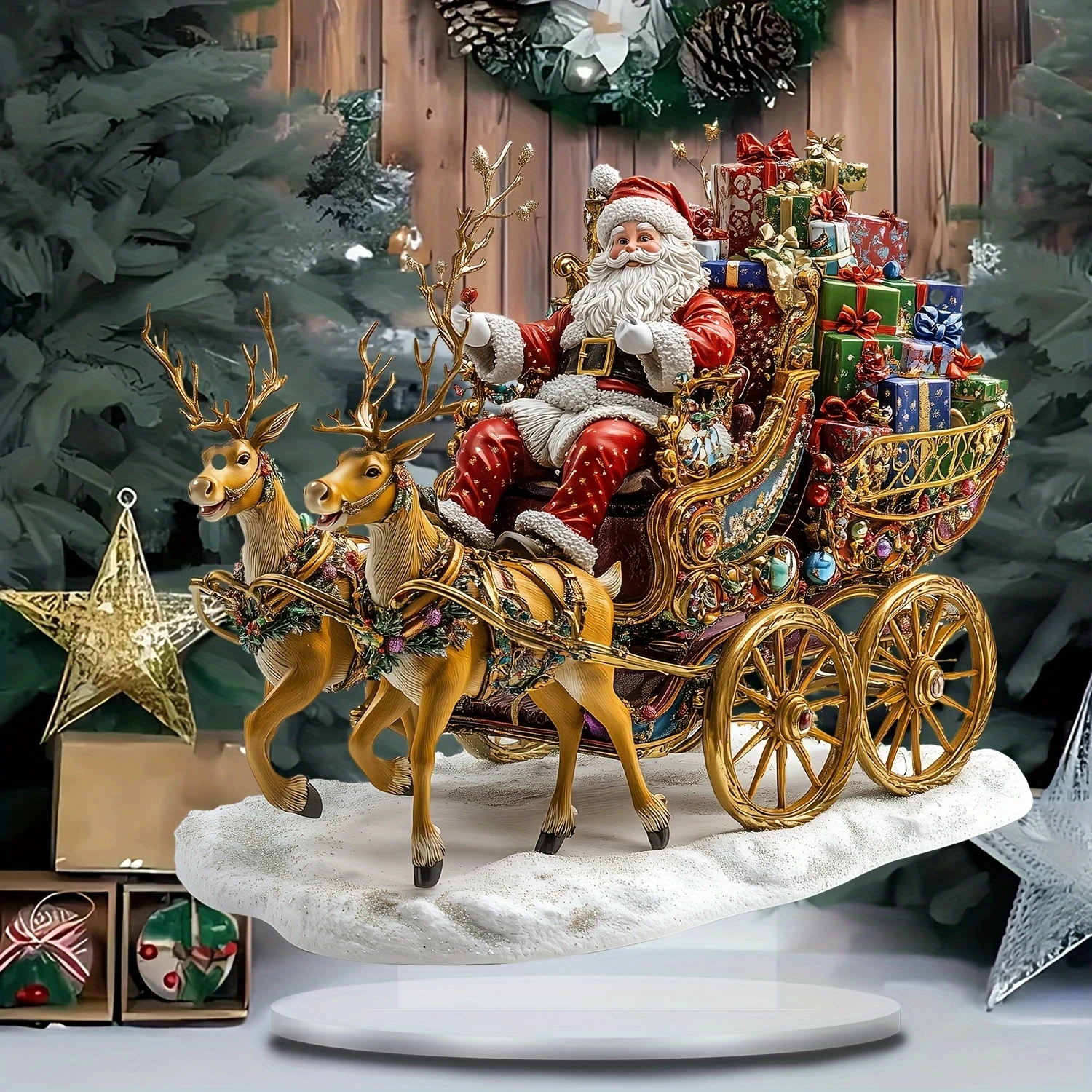 2D Santa Claus with Reindeer Sled Acrylic Figurine in Vibrant Colors ...