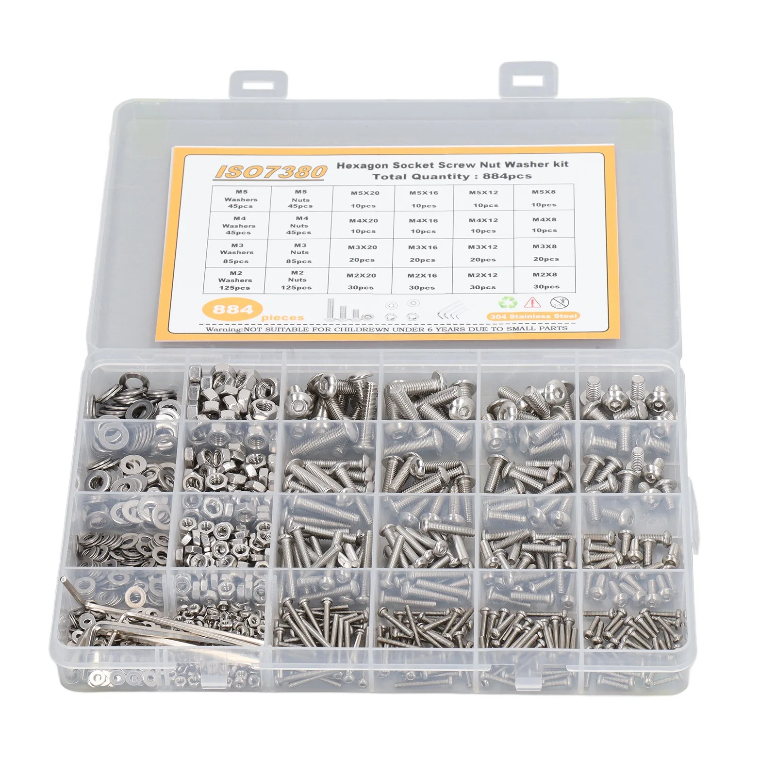 884 Pcs Stainless Steel Screw Nut Washer Wrench Kit M2 M3 M4 M5 Half ...