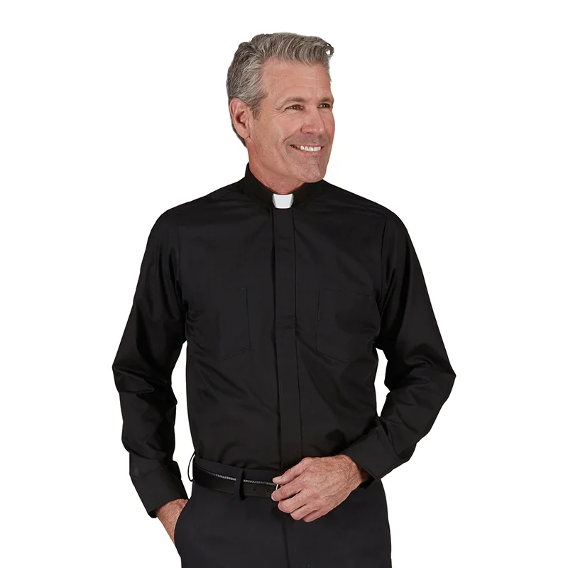 Long-Sleeve-Clergy-Shirt-Tab-Collar-Black-Top-Catholic-Anglican-Roman ...