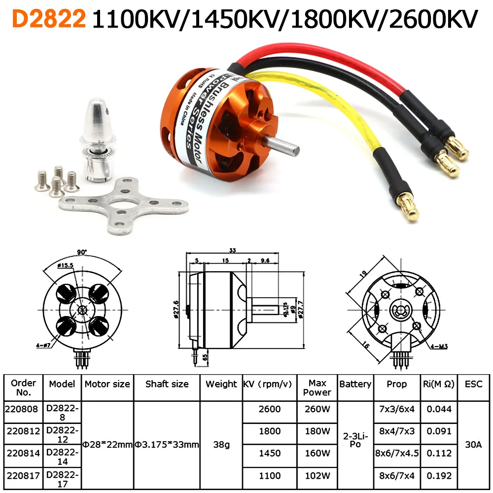 D2822 Brushless Motor 1100KV 1450KV 1800KV 2600KV 2-3S For RC Aircraft ...