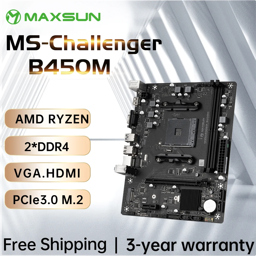 MAXSUN-AMD Placa-mãe Challenger B450M, Dual-Channel, Memória DDR4, AM4 Mainboard, M.2 NVME ...
