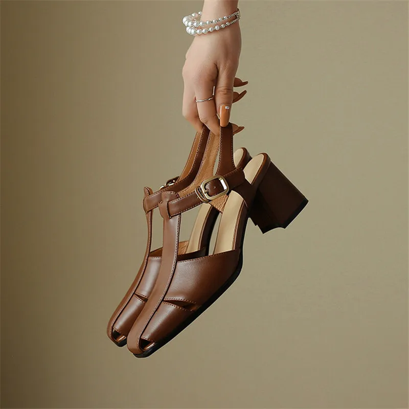 Split Leather Summer Sandals Square Toe Chunky Heel Sandals for Women ...