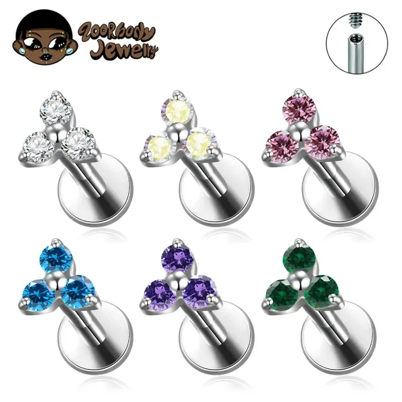 ASTM-F136-Titanium-Trinity-Piercing-Zirconia-Paved-Top-Threaded-Labret-Studs-Tragus-Earrings-Lip ...