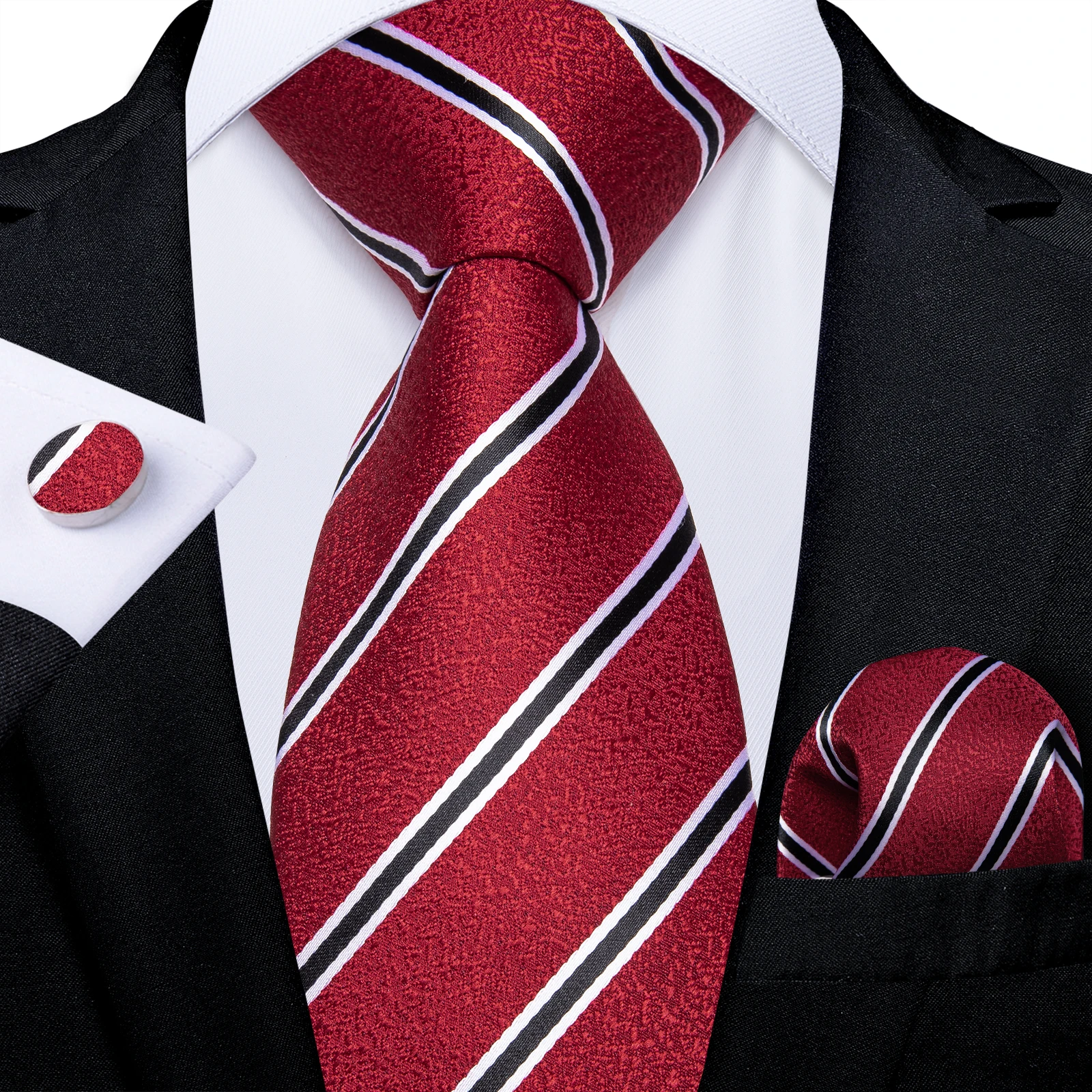 Red-Striped-Business-Silk-Tie-Set-Handkerchief-Cufflinks-8cm-Necktie ...