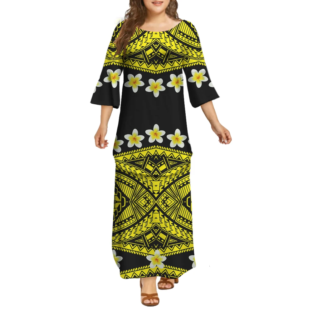 Cozy-Hawaii-Trumpet-Sleeve-Puletasi-Two-Piece-Dress-Polynesian-Tribal ...