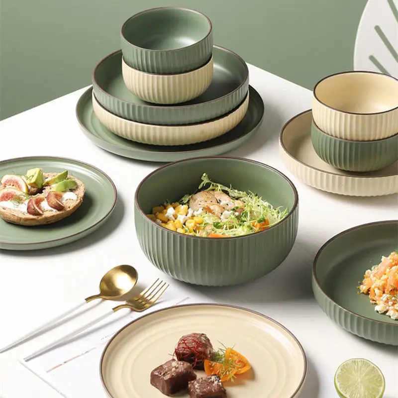 New Household Tableware Ceramic Rice Bowl Plate Dish Dish Retro Dinner ...