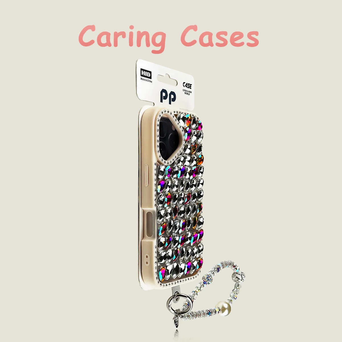 For iPhone 17 Pro Max Case Beige Rhinestone Beaded Strap Luxury ...