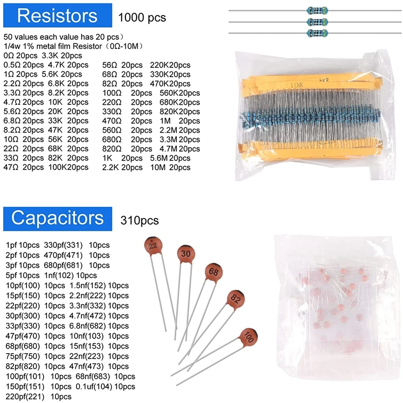 Mega Electronic Component Kit Assortment Capacitors Resistors LED ...