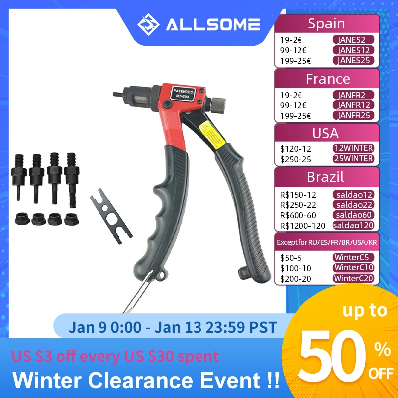 Allsome Bt-603 Manual Riveter Gun Hand Rivet Tool Kit Rivet Nut Setting ...