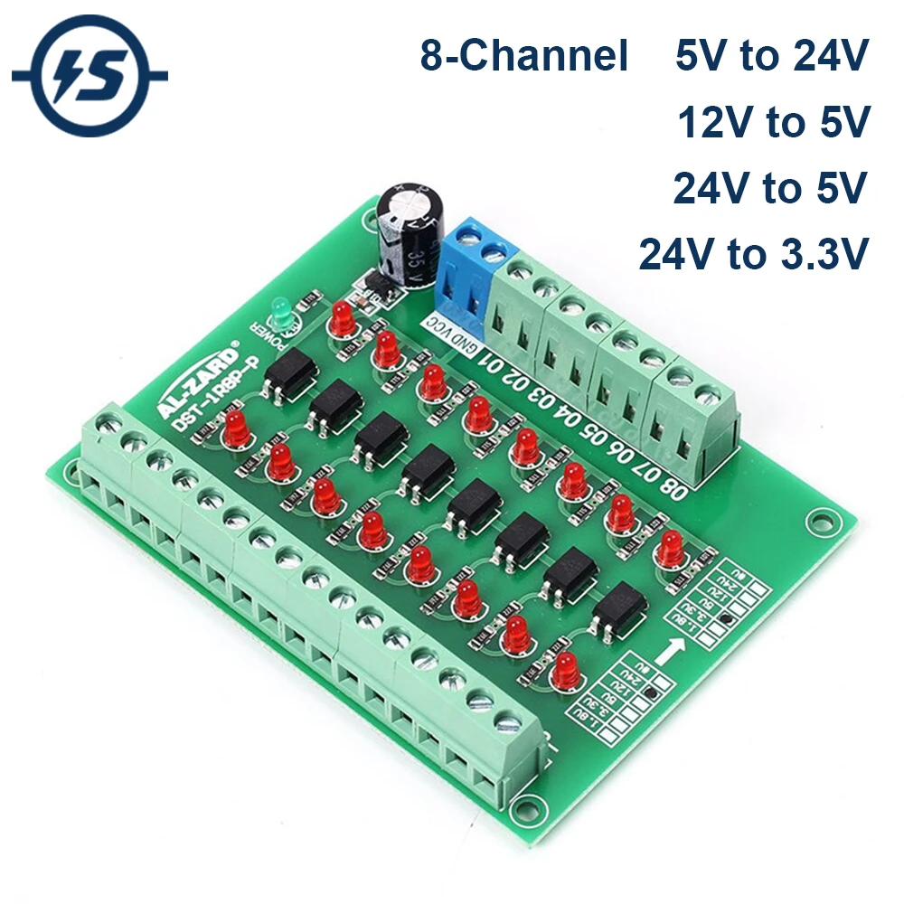 8 Channel 8bit 5V/12V/24V to 24V/5V/3.3V Photoelectric Isolation Module Level Voltage Converter ...
