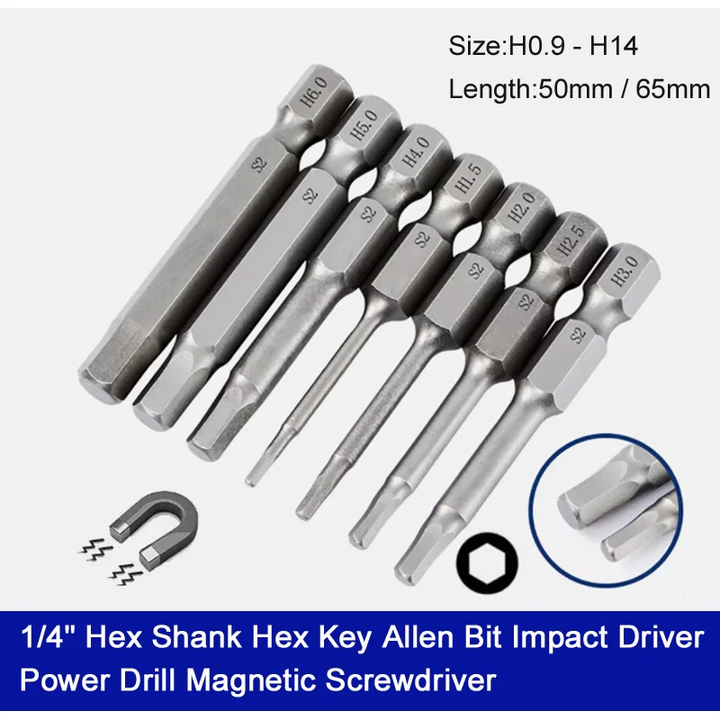 H0.9~H12 1/4" Hex Shank Hex Key Allen Bit S2 Steel Impact Driver Power ...