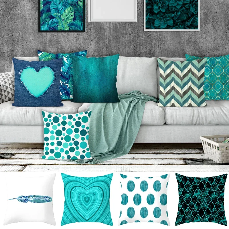 Teal Cushion Cover Leaf Feather Geometric Heart Sofa Pillowcase Bedroom ...