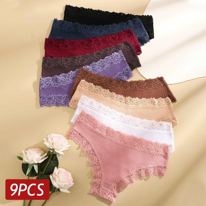 9PCS/Set Lace Cotton Panties For Women Sexy Low Rise Solid Color ...